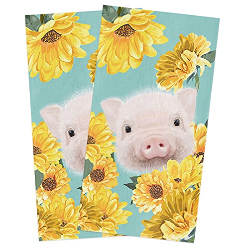 Farm Cute Pig Kitchen Towels Dish Cloth Towel Absorbent Hand Towel Cleaning Cloth,Idyllic Chrysanthemum Flower Dishcloth Quick Drying for Dishes Counter 2 Pack