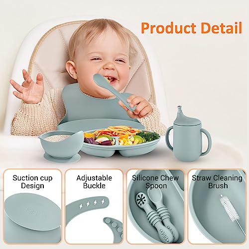Silicone Baby Feeding Set, FOTEEMO Led Weaning 11-Piece Feeding Eating Supplies Self Feeding Baby Utensils Eating Suction Bowl For 6+ Months Toddler (Blue)