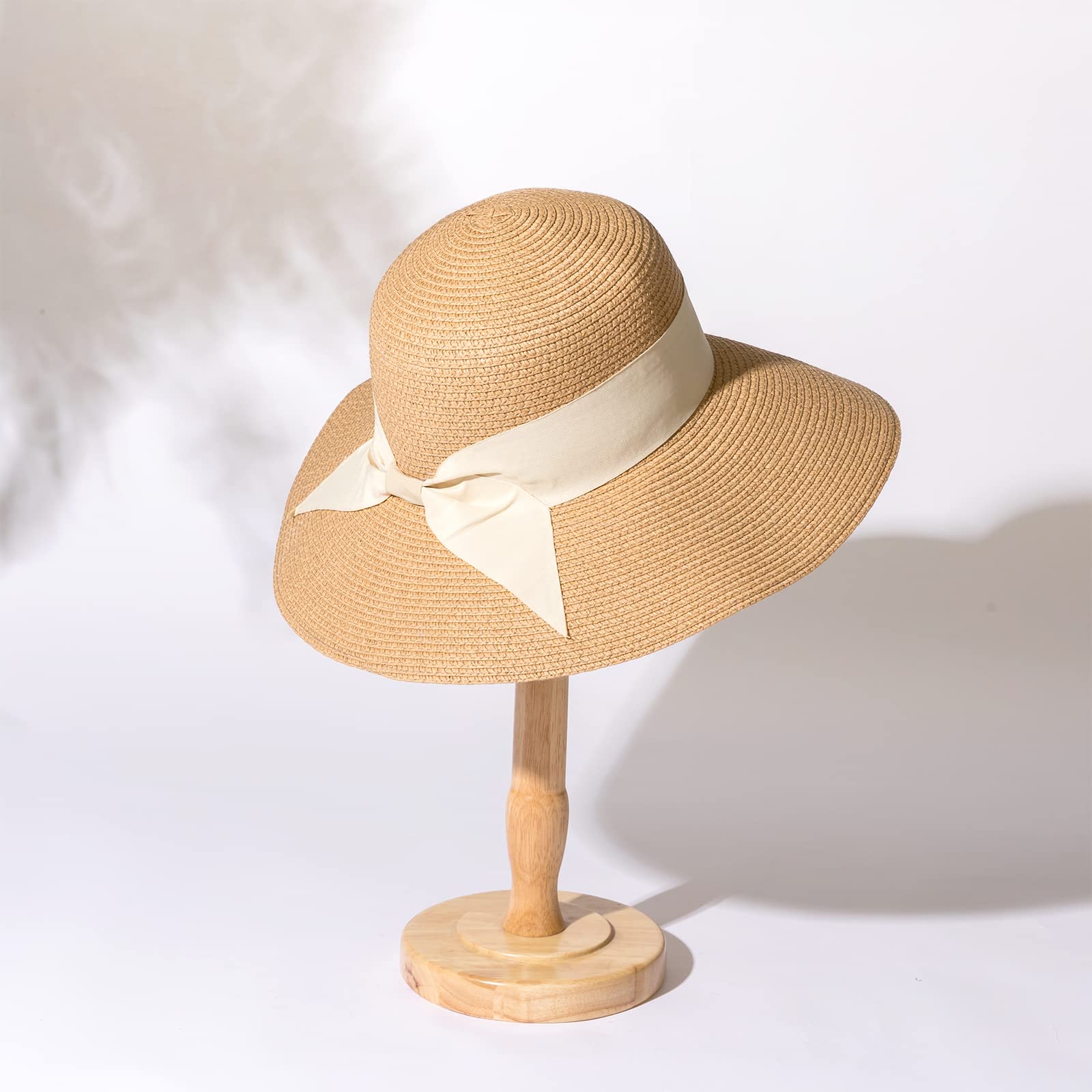 Fablepeach Womens Beach Straw Panama Hat Wide Brim Foldable Fedora Sun Hats for Women UV UPF 50+, Beige