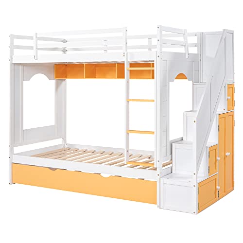 HomSof Twin Over Twin Bunk Bed with Trundle,Stairs,Ladders Solid Wood Bunk Bed with Storage Cabinet (White + Yellow)