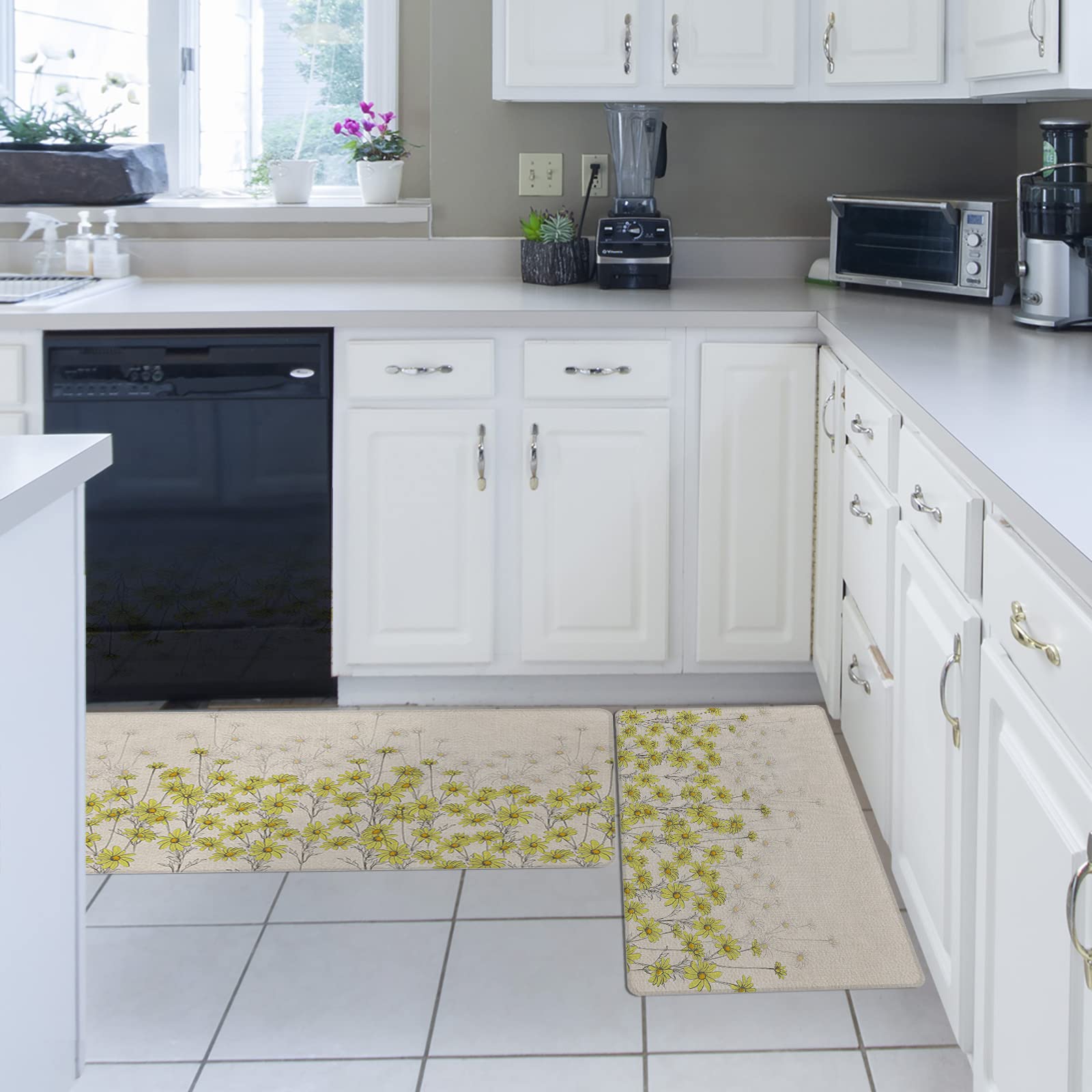 Farm Lines Flower Anti-Fatigue Rugs and Mats Set for Kitchen Floor, 2 Piece PVC Heavy Duty Standing Area Runner Mat Spring Yellow Daisy Floral Retro Burlap Home Decor Carpet