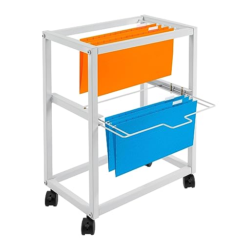 Rolling File Carts with Wheels Hanging Files, 2 Tiers Metal Rolling File Organizer, Movable Rolling File Cart for Hung Horizontally or Vertically Hanging Files, Pull-Out Drawer File Cabinet for Office