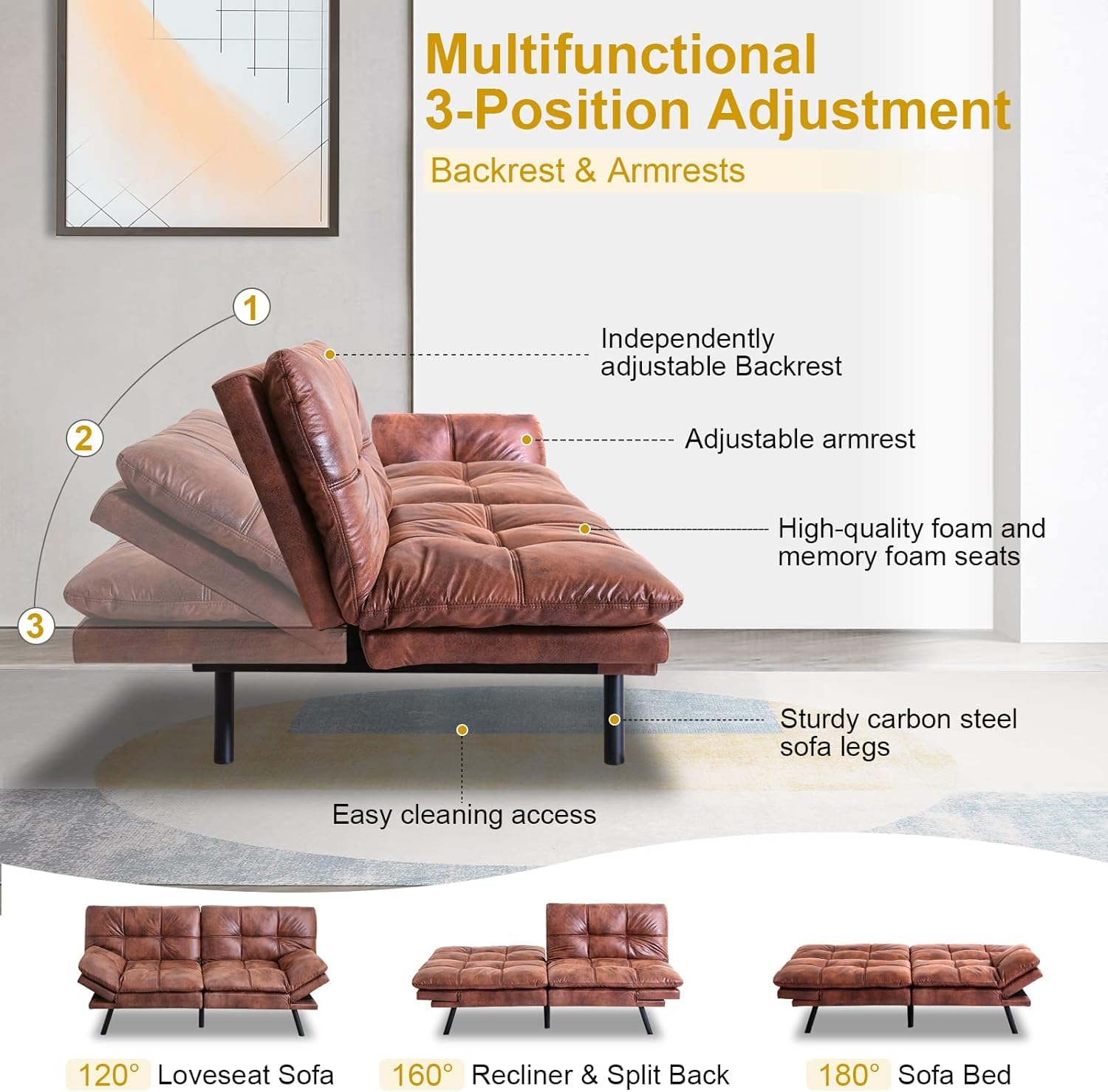 MUUEGM Convertible Memory Foam Futon Bed Modern Love Seat Sofa Sleeper Couch for Living Room,Office,Small Space Sofabed, Brown