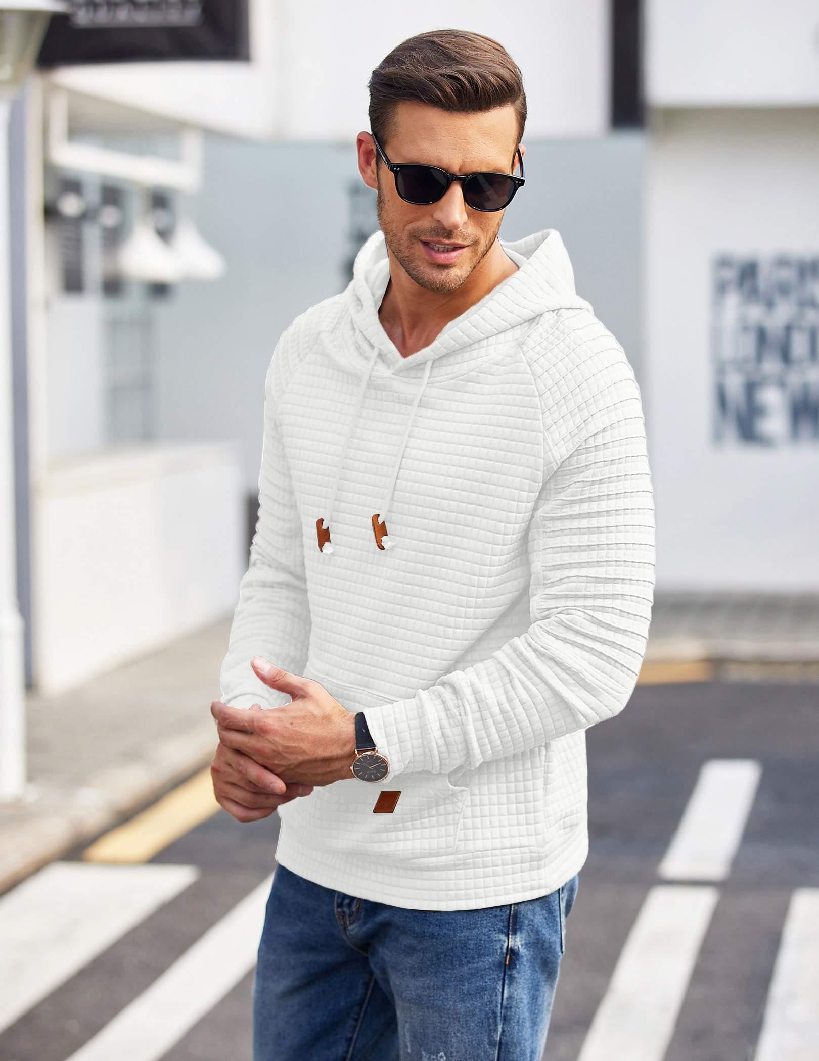 COOFANDY Men's Hoodies Pullover Pleated Long Sleeve Drawstring Knit Hooded Sweatshirt with Kanga Pocket, White, Large
