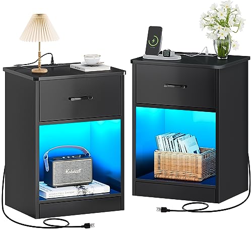 SUPERJARE L Shaped Gaming Desk with Power Outlets & LED Lights and Nightstands Set of 2 with Charging Station & LED Light Strips, Black