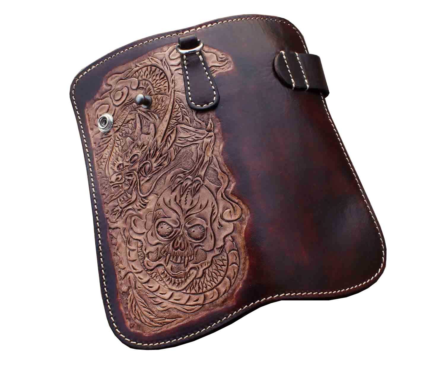 crazy hunter Dragon Skull Motorcylce Biker Cow Leather Card Holder Handmade Wallet With Chain L66