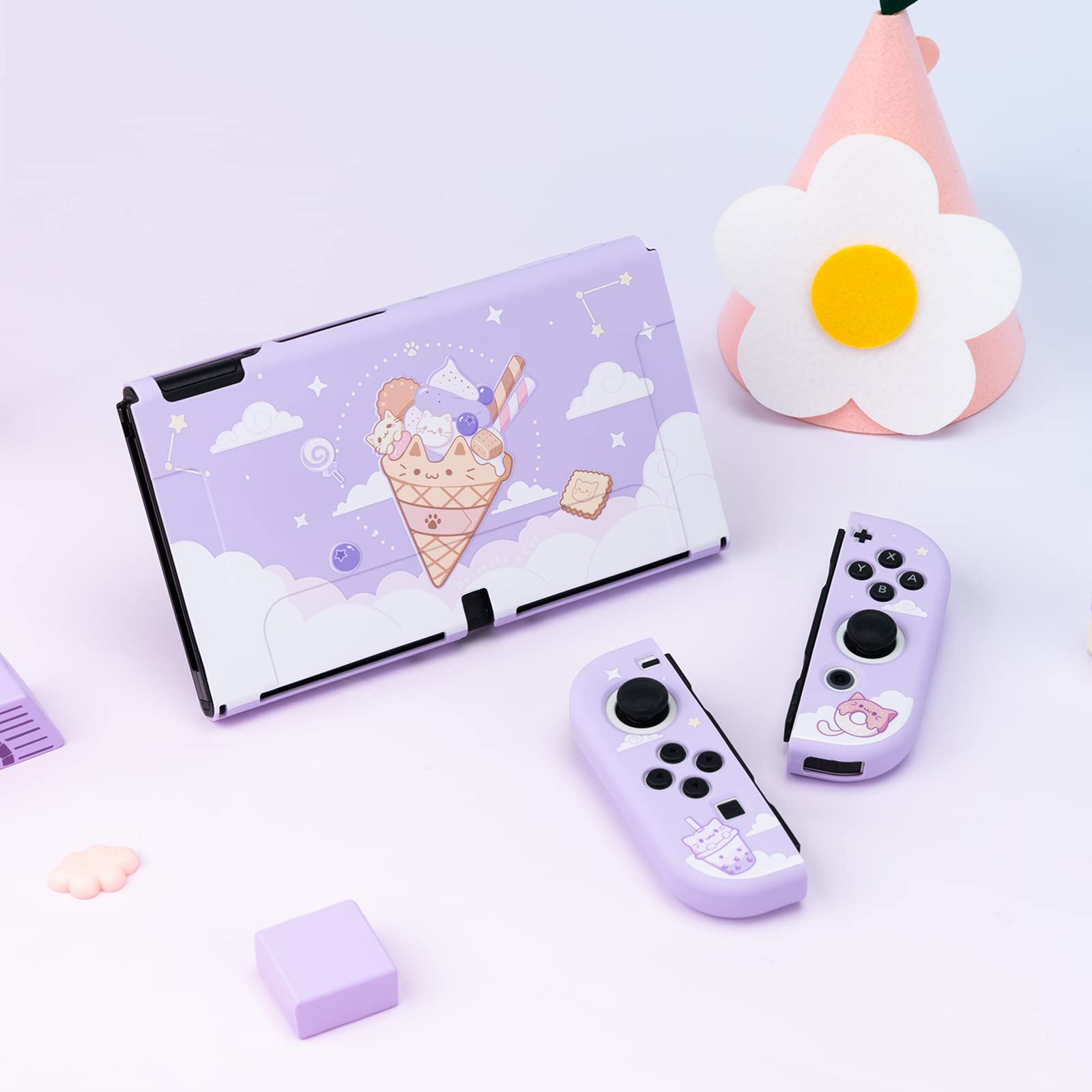 GeekShare Protective Case for Switch, Soft TPU Slim Case Cover Compatible with Nintendo Switch Console and Joy-Con - Ice Cream Cat (for Switch OLED Model)
