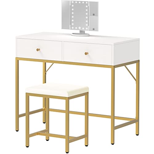 SUPERJARE Vanity Desk, Makeup Vanity with Stool & Tri-fold Lighted Mirror and Modern Ladder Shelf, 5-Tier Open Wall-Mounted Bookshelf with Stable Metal Frame