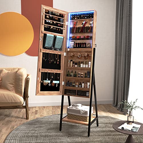 LVSOMT 3 LEDs Full Length Mirror Jewelry Cabinet, Standing Mirror with Jewelry Storage, Large Lockable Armoire for Necklaces, Earrings, Cosmetic Storage, Brown