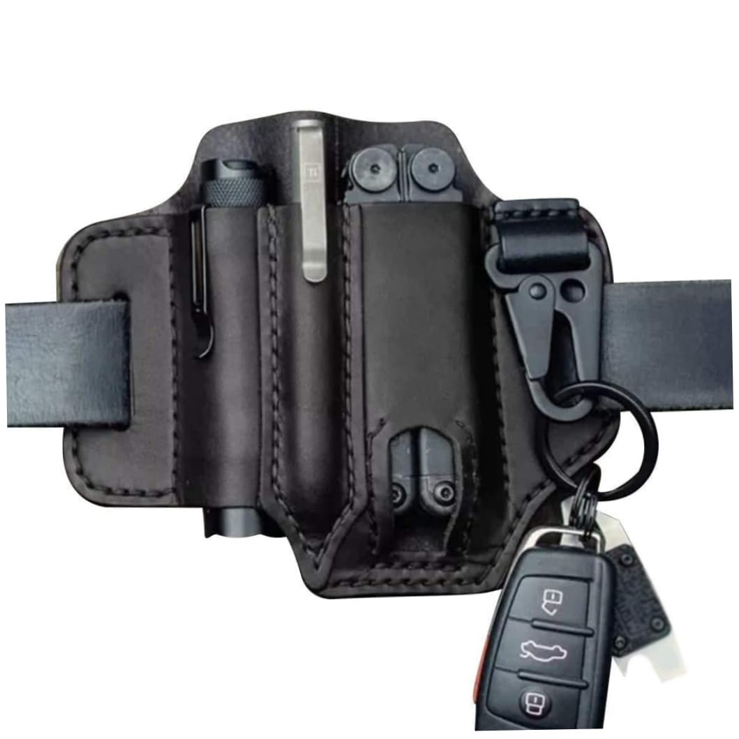 Leather Multitool Sheath for Belt, EDC Pocket Organizer with Key Holder, Storage Belt Waist Bag Flashlight, Multitool Pouch for Men Camping (Black).