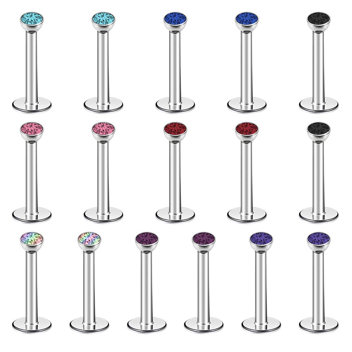 CrazyPiercing Lot of 8 Pairs Assorted Gems Labret Lip Bar Chin Lip Rings Piercing 1.2mm Surgical Steel 16 Guage