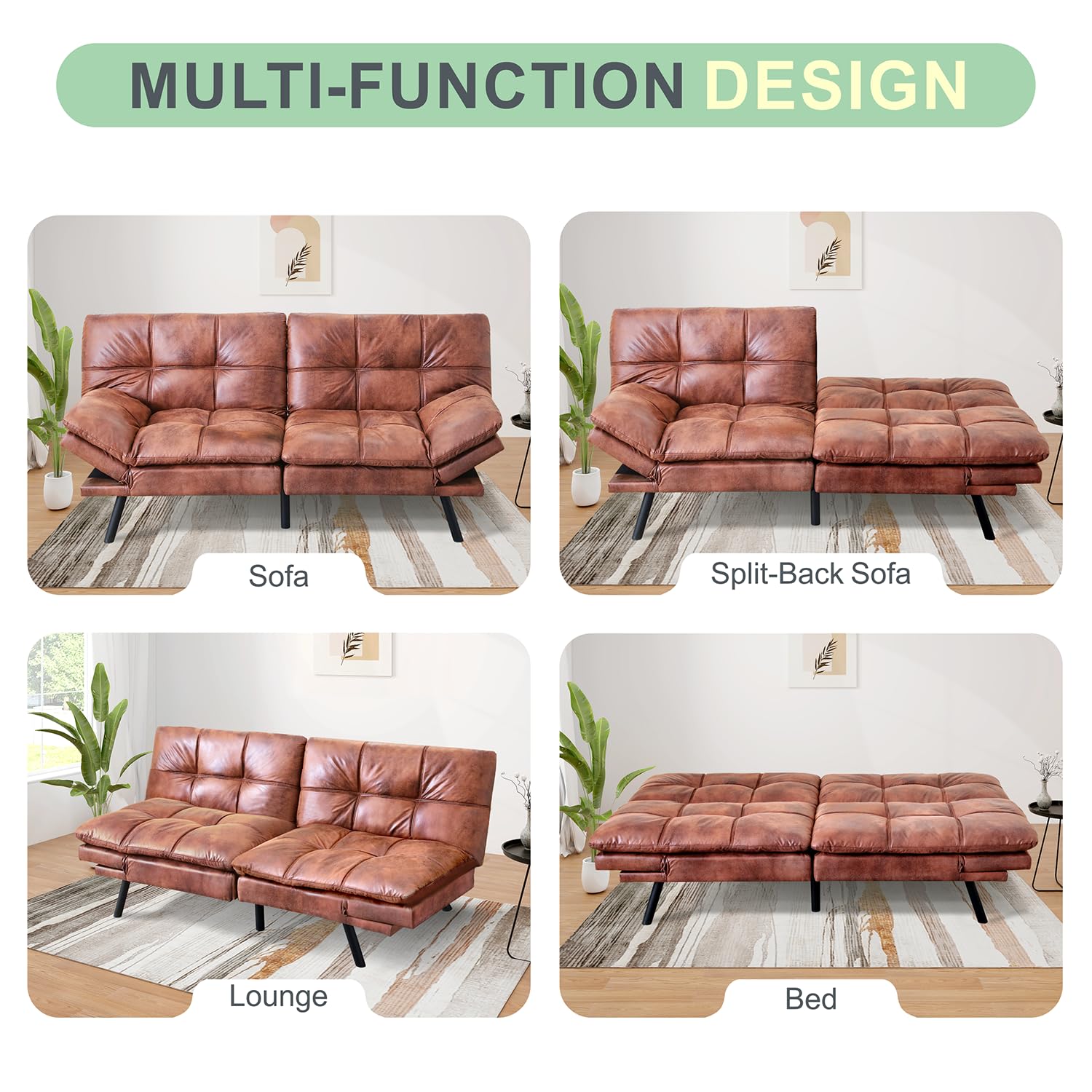 MUUEGM Futon Sofa Bed,Convertible Futon Couch, Memory Foam Futon, Sofa Bed Couch,Modern Loveseat Sofa,Comfy Sleeper Sofa for Compact Space,Apartment, Living Room,Easy Assemble,Brown