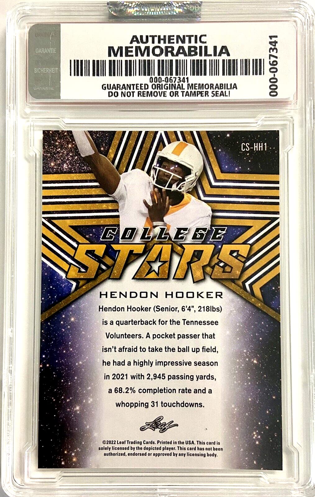 Hendon Hooker 2022 Leaf College Stars GEM-Mint 10β Redemption Rookie Card!