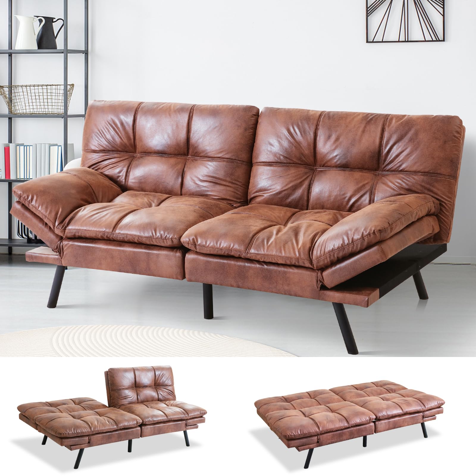 MUUEGM Futon Sofa Bed Couch Memory Foam Futon Convertible Couch Bed Sleeper,Modern Faux Leather Love Seat Daybed Sofa for Living Room,Small Space,Office,Adjustable Armrests Backrests,Brown