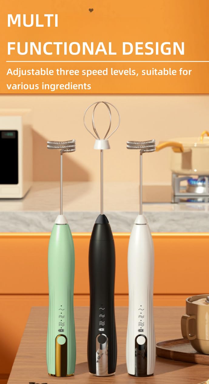 Immersion Blender Handheld, 2-in-1 Hand Blender Electric with USB Rechargeable 3 Speeds, Stainless Steel Blade Stick Blender with Whisk, for Coffee Latte,Hot Chocolate, Egg (Green)