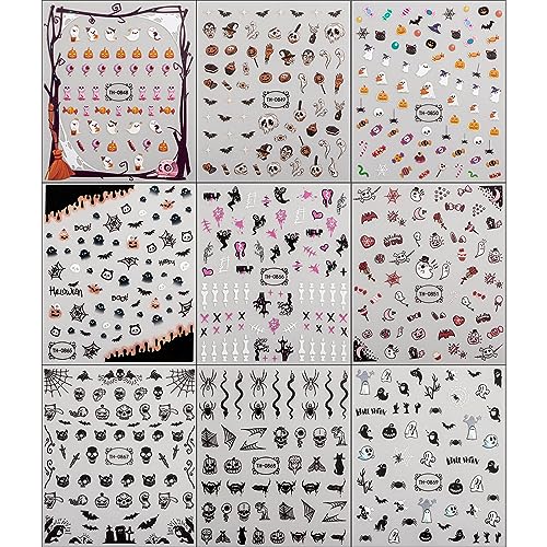 JMEOWIO 9 Sheets Halloween Nail Art Stickers Decals Self-Adhesive Pegatinas Uñas Skull Ghost Spider Web Bat Nail Supplies Nail Art Design Decoration Accessories