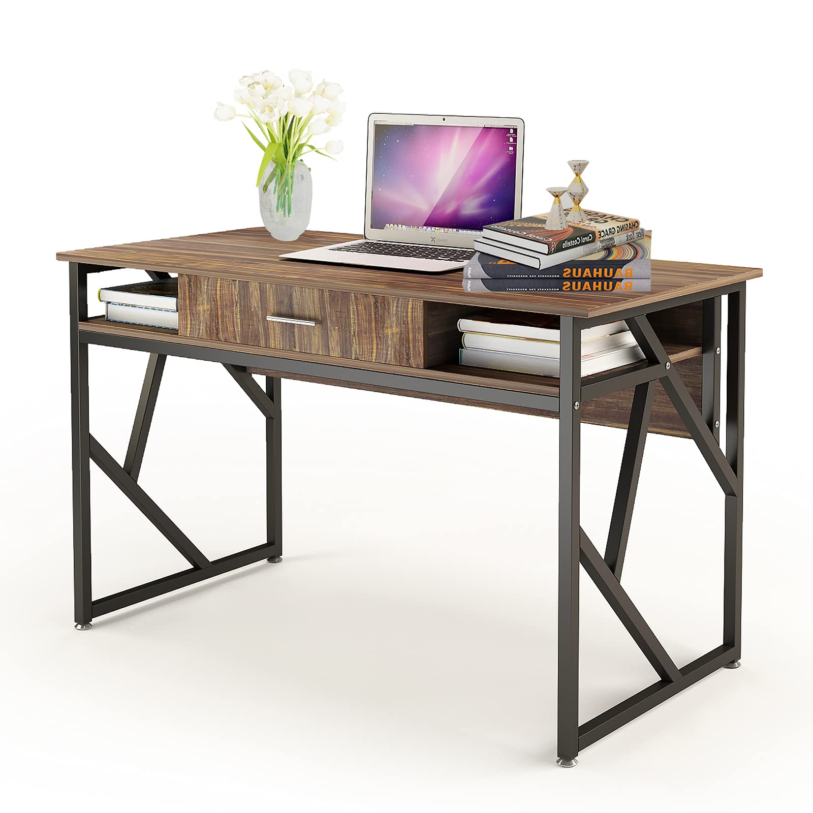 Computer Desk with Drawer DEWEL 47 inch Modern Desk Home Office Desk Gaming Executive Desk with Shelves Study Writing Desk for Small Space PC Laptop Workstation with Storage Space-Saving Easy Assembly