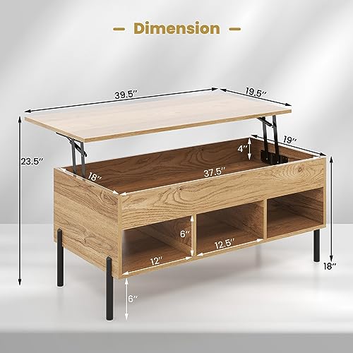 Tangkula Lift Top Coffee Table with Metal Legs, Rising Center Table w/Hidden Compartment & 3 Open Cubbies, Multifunctional Wood Dining Working Table for Living Room Reception Room (Natural)