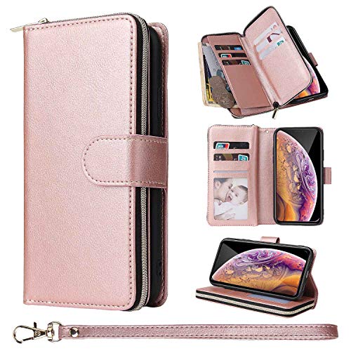 ZCDAYE Wallet Case for iPhone X Xs,Premium[Magnetic Closure][Zipper Pocket] Folio PU Leather Flip Case Cover with 9 Card Slots Kickstand for iPhone X/Xs 5.8"-Rose Gold