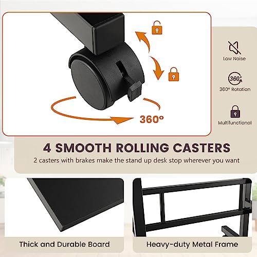 Tangkula Mobile Standing Desk Stand Up Desk, Height Adjustable Computer Desk with Standing & Seating 2 Modes, Tilting Tabletop & Flexible Wheels, Rolling Laptop Cart Sit Stand Desk