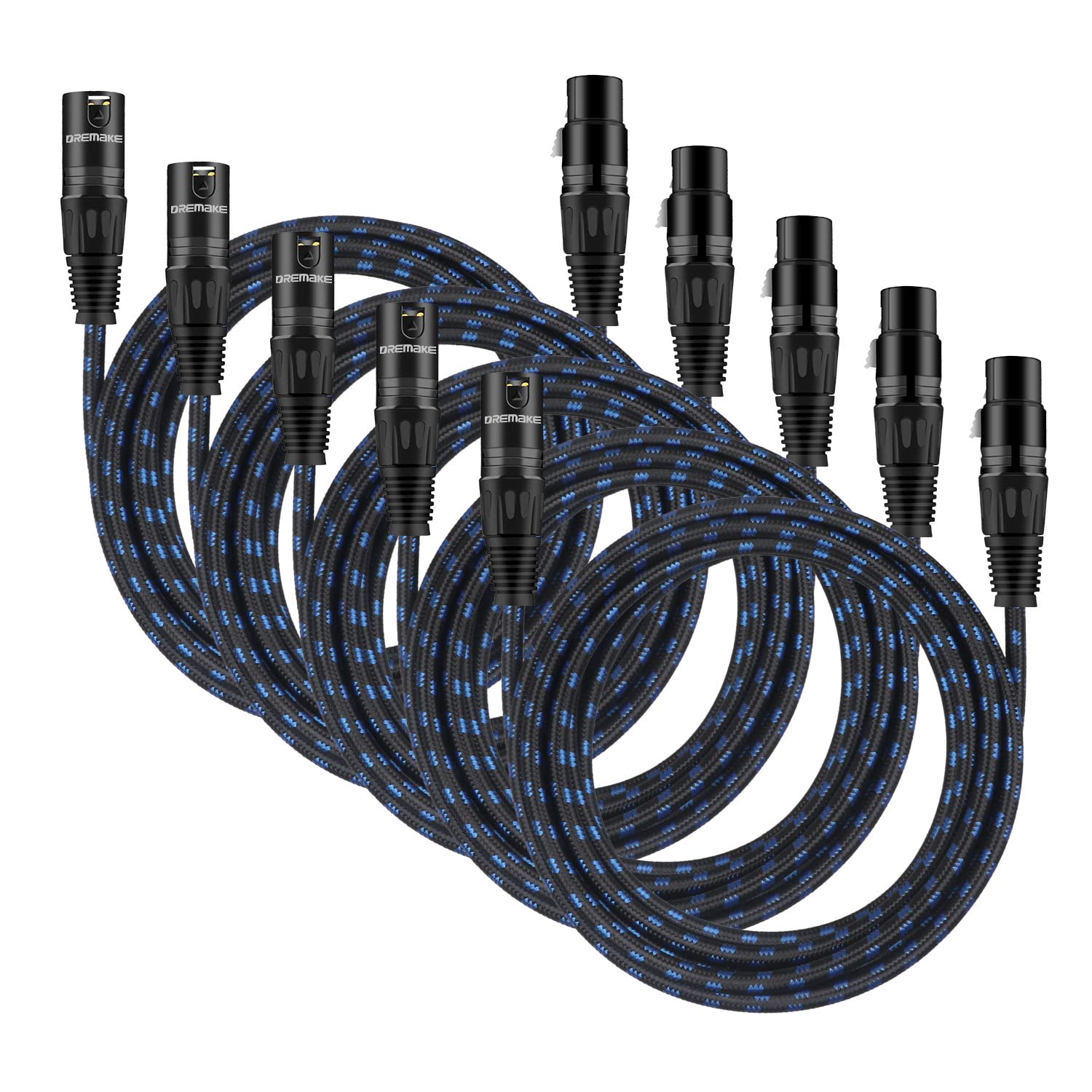 DREMAKE Audio 10FT Mic Microphone Patch Cable Cords - 3-Pin XLR Male to XLR Female Black Blue Tweed XLR Snake Cables - 10'Balanced Mike Amp Cable - 5 Pack