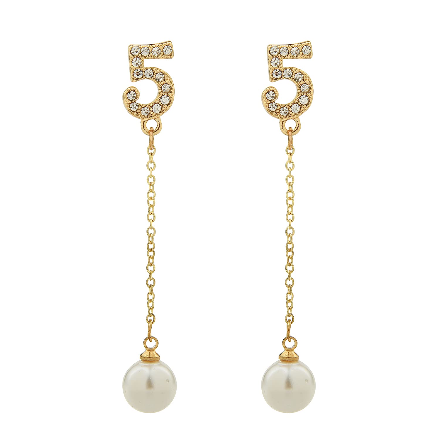 Fashion Design Rhinestone Faux Pearl Lucky Number Five Long Charm Dangle Drop Earrings Studs