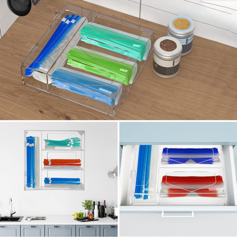 SOUTHGATE Plastic Ziploc Bag Storage Organizer Grocery Bag Holder Acrylic Ziplock Dispenser Baggie Organizer Box for Kitchen Drawer, Suitable for Gallon, Quart, Sandwich & Snack with DIY Sticky Note