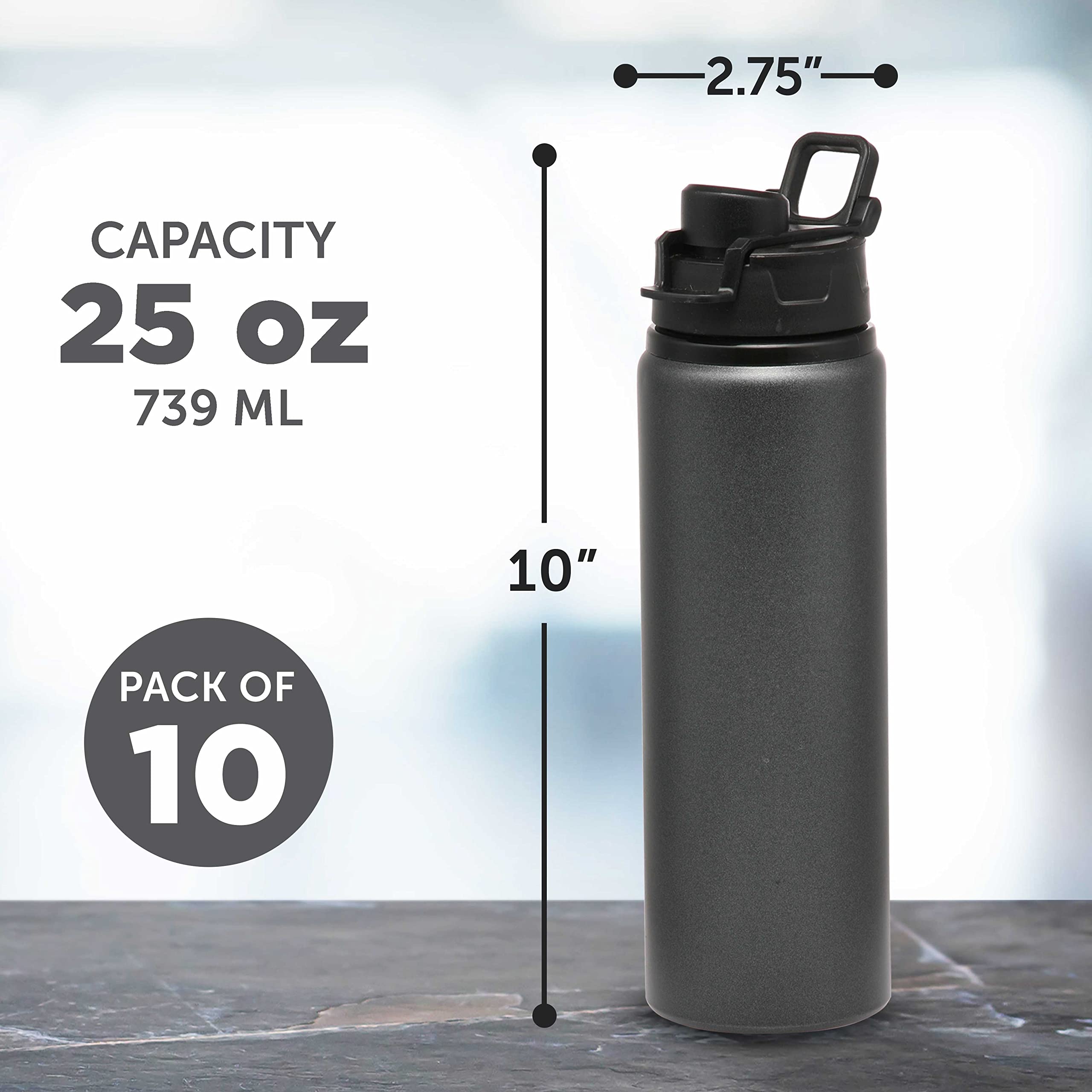 DISCOUNT PROMOS Aluminum Water Bottles with Snap Lids 25 oz. Set of 10, Bulk Pack - Reusable, Great for Gym, Hiking, Cycling, For School - Charcoal