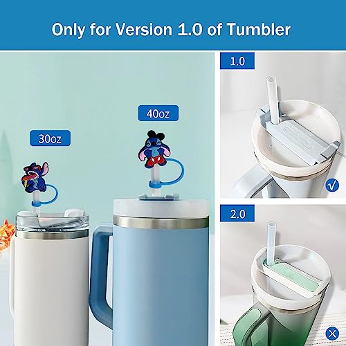 Silicone Spill Proof Stopper Set of 6+ 2 cartoon straw caps,Compatible with Stanley 1.0/30&40 Oz Tumbler with Handle,Silicone Straw Topper for Stanley Cups Accessories (Blue)