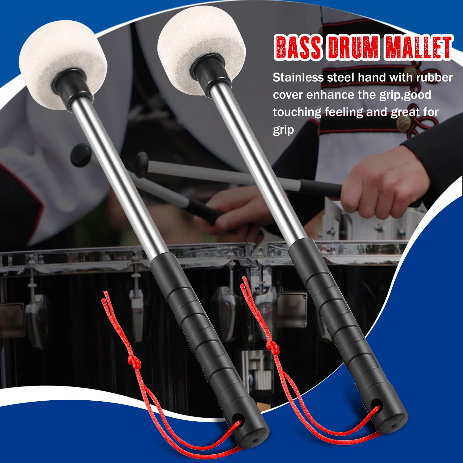 Facmogu 2PCS Felt Bass Drum Mallets, Beige White Felt Mallets Sticks with Stainless Steel Handle, Wool Felt Head Instrument Percussion Accessory for Marching Band Bass Drum