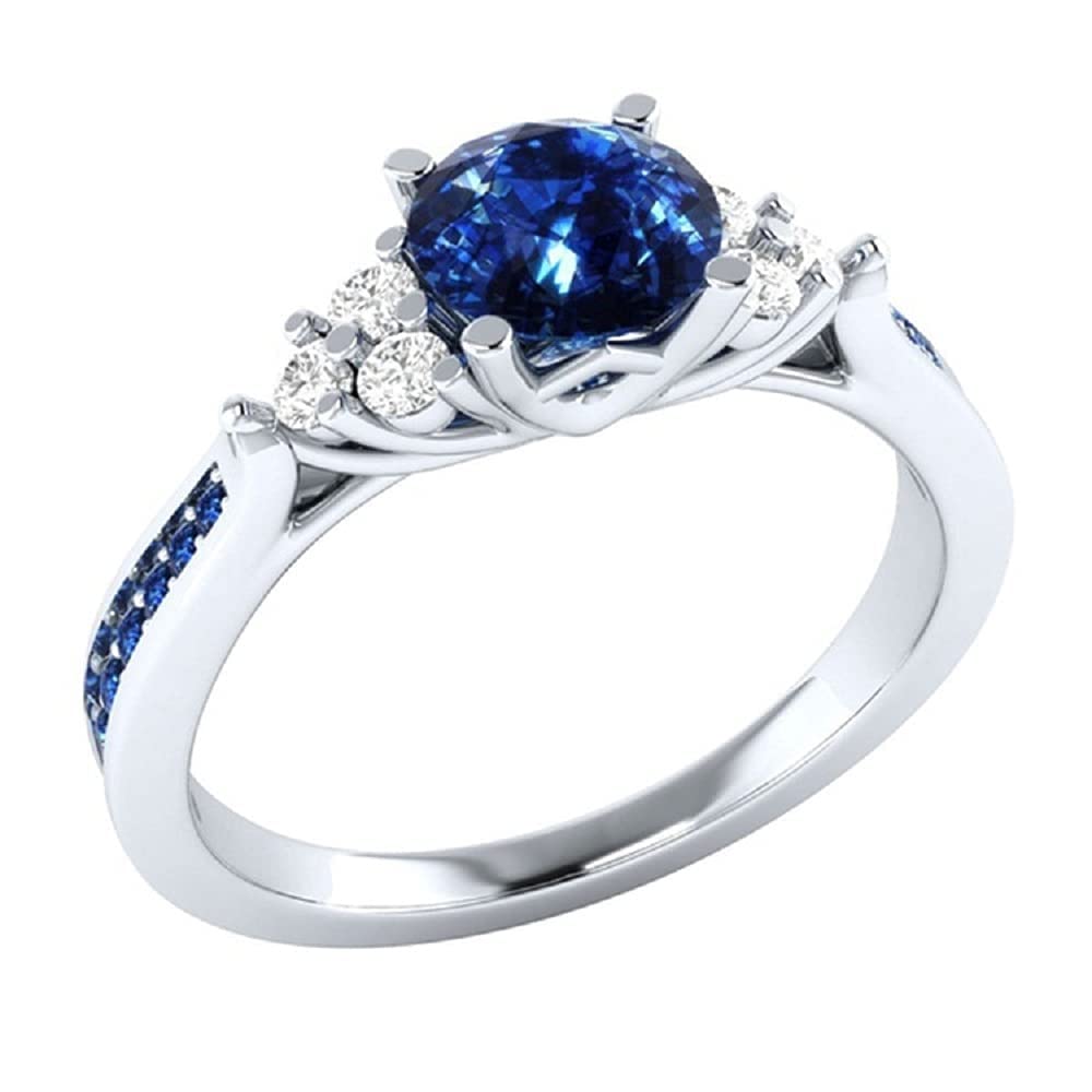 Fashion Natural Sapphire Ring in Sterling Silver Round Perfect Cut 6 Stone Cubic Zirconia Ring CZ Eternal Engagement Wedding Ring Women's Ring (US Code6-10) (7)