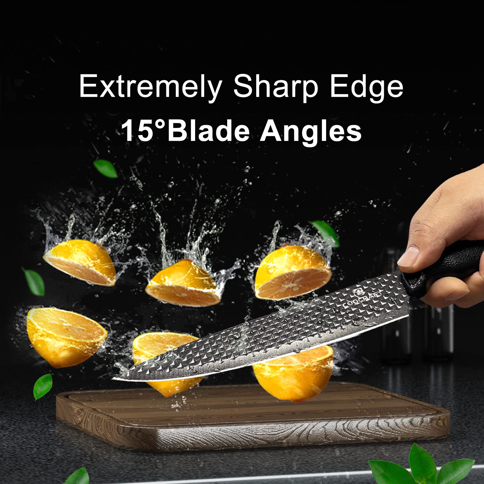 COOCRAFT Knife Set, Kitchen Knife Set Knife Sets for Kitchen with Block and Built-in Sharpener, 24PC Block Knife Set with 6 Steak Knives and 9 Measuring Spoons, Black