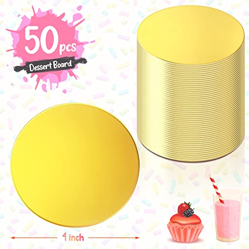 Honeydak 50 Pack Golden Cake Base Grease Proof Circle Plate Cardboard Rounds Mini Boards Laminated Mousse 4 Inch for Kitchen Baking Caking Pizza Dessert Cupcake Tiered Tray Display
