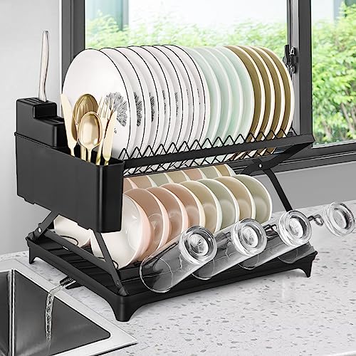 Dish Drying Rack Dish Rack for Kitchen Counter,Dish Racks for Kitchen Counter,Rustproof X-Type Utensil Holder,with Drain Board Wine Glass Holder Utensil Holder, 2Tier Multifunctional Dish Rack