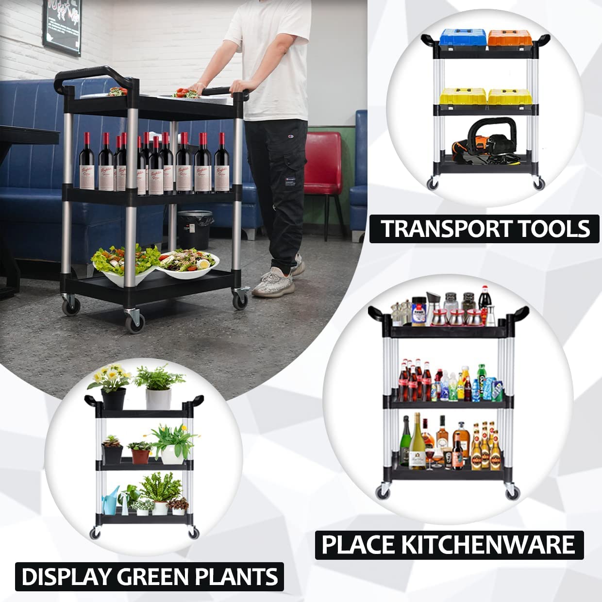 Plastic Utility Bussing Cart with Wheels | Custom Sizes, Colors and Shelves Quantity | Choose Between Available Sizes: 32" L x 16" W x 38''H | 42" L x 20" W x 38''H