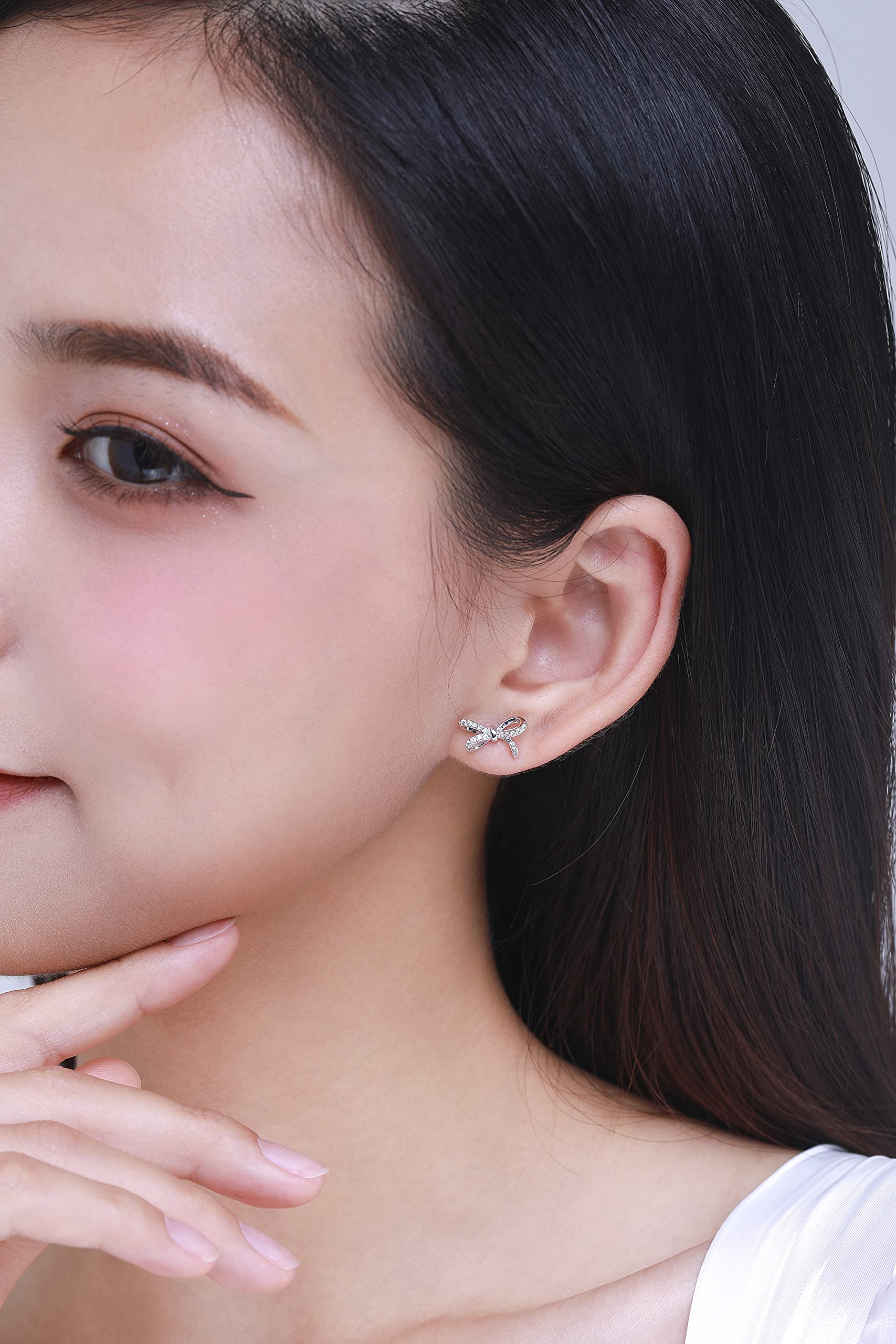 Coodilor 925 Sterling Silver Bow Stud Earrings With Cubic Zirconia, 14K White Gold Plated Earrings for Women, Perfect for Gift