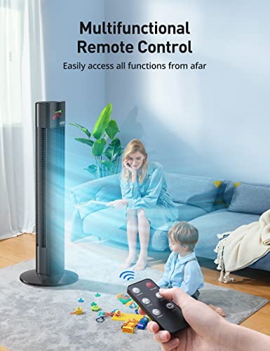 Mirdred Tower Fan with Remote, 36” Bladeless Fan, 70° Oscillating Fan for Bedroom, 3 Speeds, 3 Modes, 12H Timer, LED Display, Quiet Cooling Standing Floor Fans for Home Living Room Office, Black