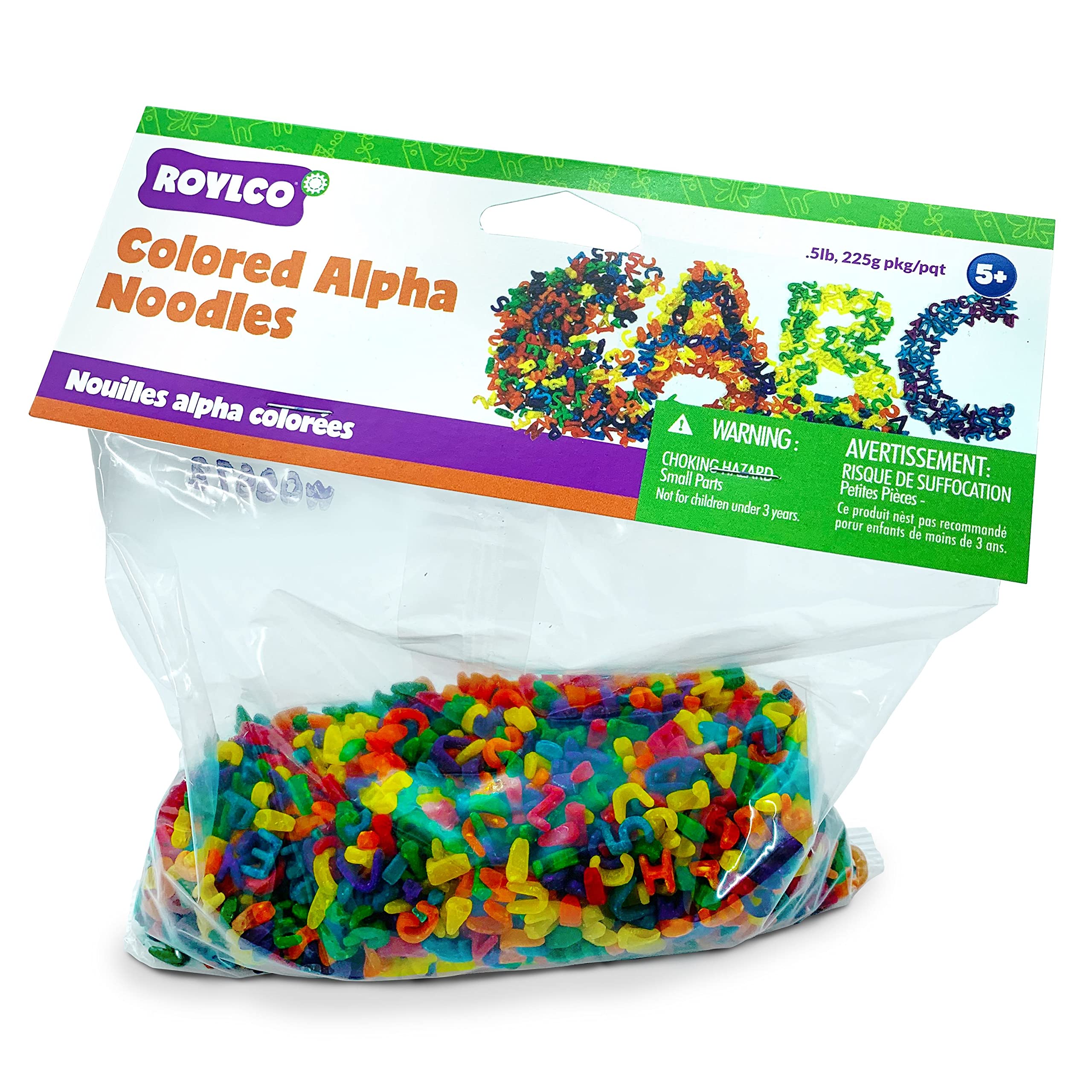 ROYLCO Colored Alpha Noodles, 1/2 lb bag, Alphabet Noodles, 6 Vibrant Colors, Art Supplies, Craft Supply, Ready to Craft, Non-toxic, Ages 4+, Made in the USA, Bright Colors, Easy & Fun