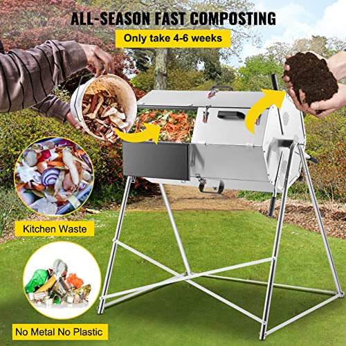 VEVOR Compost Tumbler, 71 US Gallons, Rustproof Stainless Steel Dual-Chamber Garden Composter, Heavy-Duty, All-Season Outdoor Compost Bin, Fast-Working System for Composting Kitchen & Yard Waste