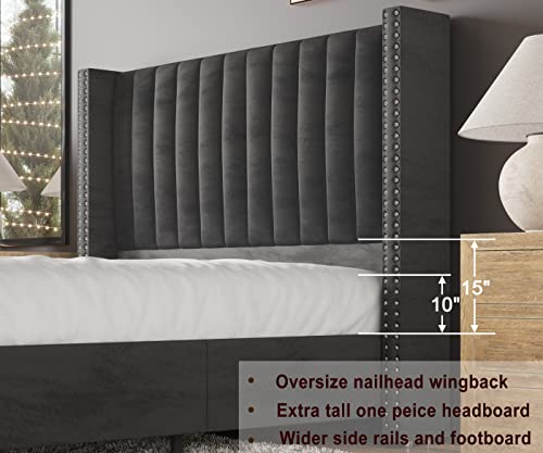 Jocisland Bed Frame Queen Size Upholstered Bed Wingback Headborad Velvet Channel Tufted/No Box Spring Needed/Dark Grey