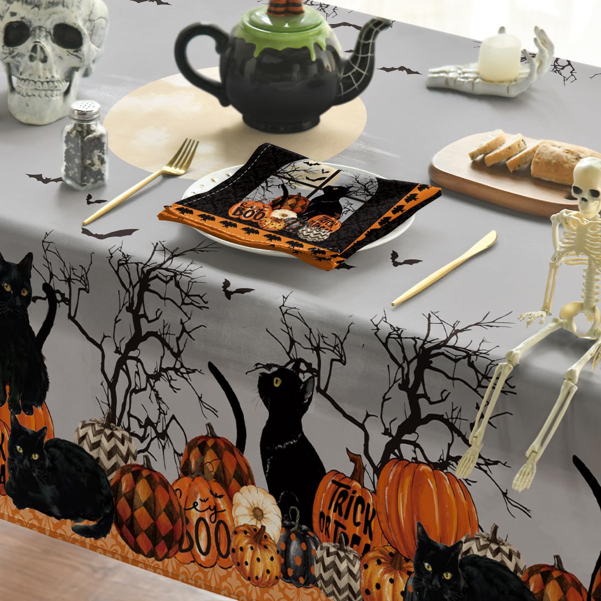 Horaldaily Halloween Tablecloth 60×84 Inch Rectangular, Buffalo Plaid Pumpkin Moon Cat Washable Table Cover for Party Picnic Dinner Decor
