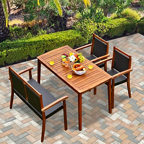 Tangkula 4 Pieces Patio Dining Set for 4, Patiojoy Space-Saving Outdoor Acacia Wood Dining Table and PE Rattan Chairs Set with 1.9β Umbrella Hole, for Garden, Backyard, Deck, Poolside, Balcony