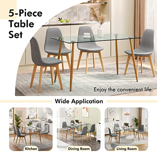 Tangkula 5 Pieces Dining Room Table Set, Modern Table & Chair Set for 5, 4 Grey Fabric Dining Chairs with Glass Dining Table for Small Living Room, Kitchen