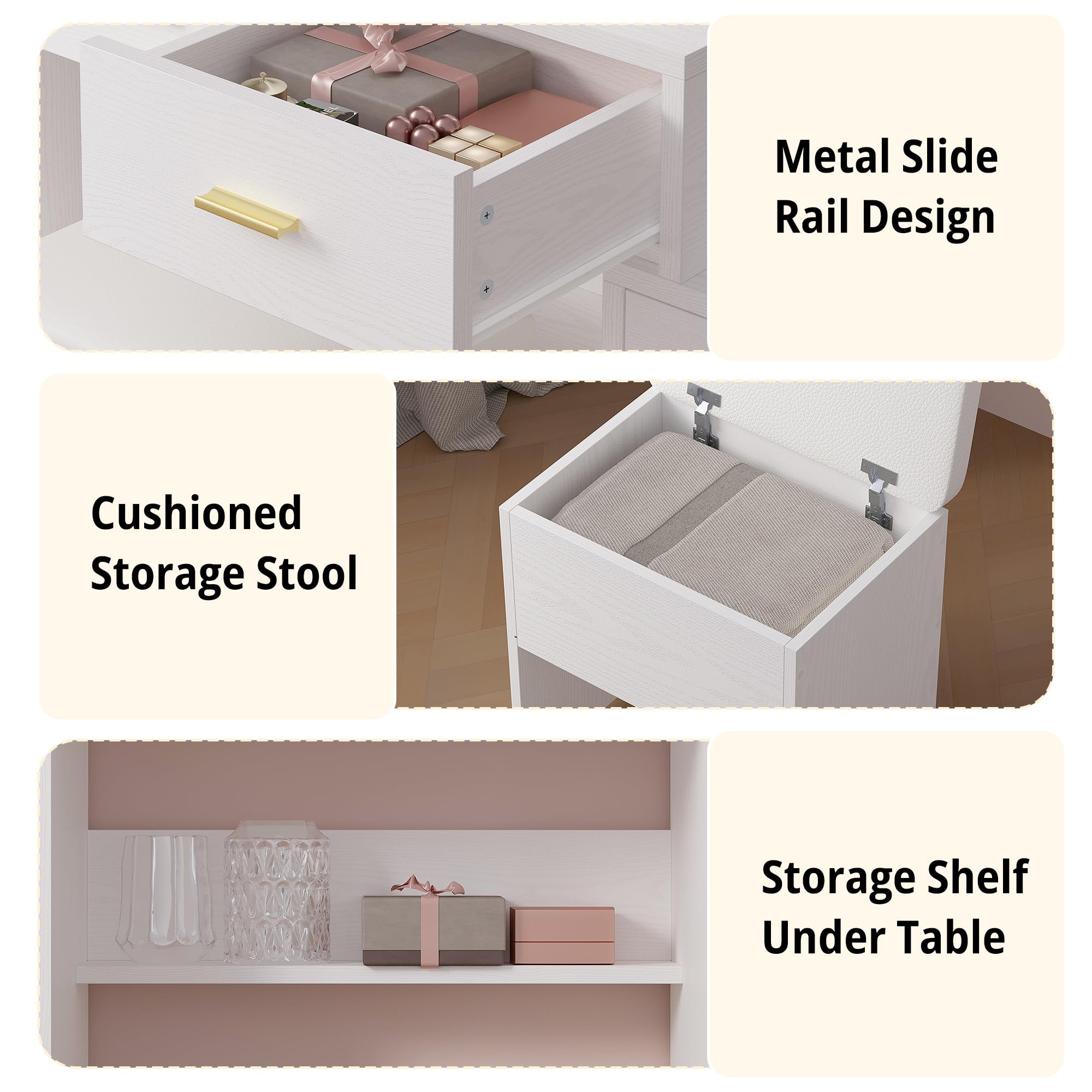IRONCK Vanity Desk with LED Lights Mirror and Charging Station, Makeup Vanity Table with Storage Cabinet, Storage Bench, and Drawers for Bedroom, White