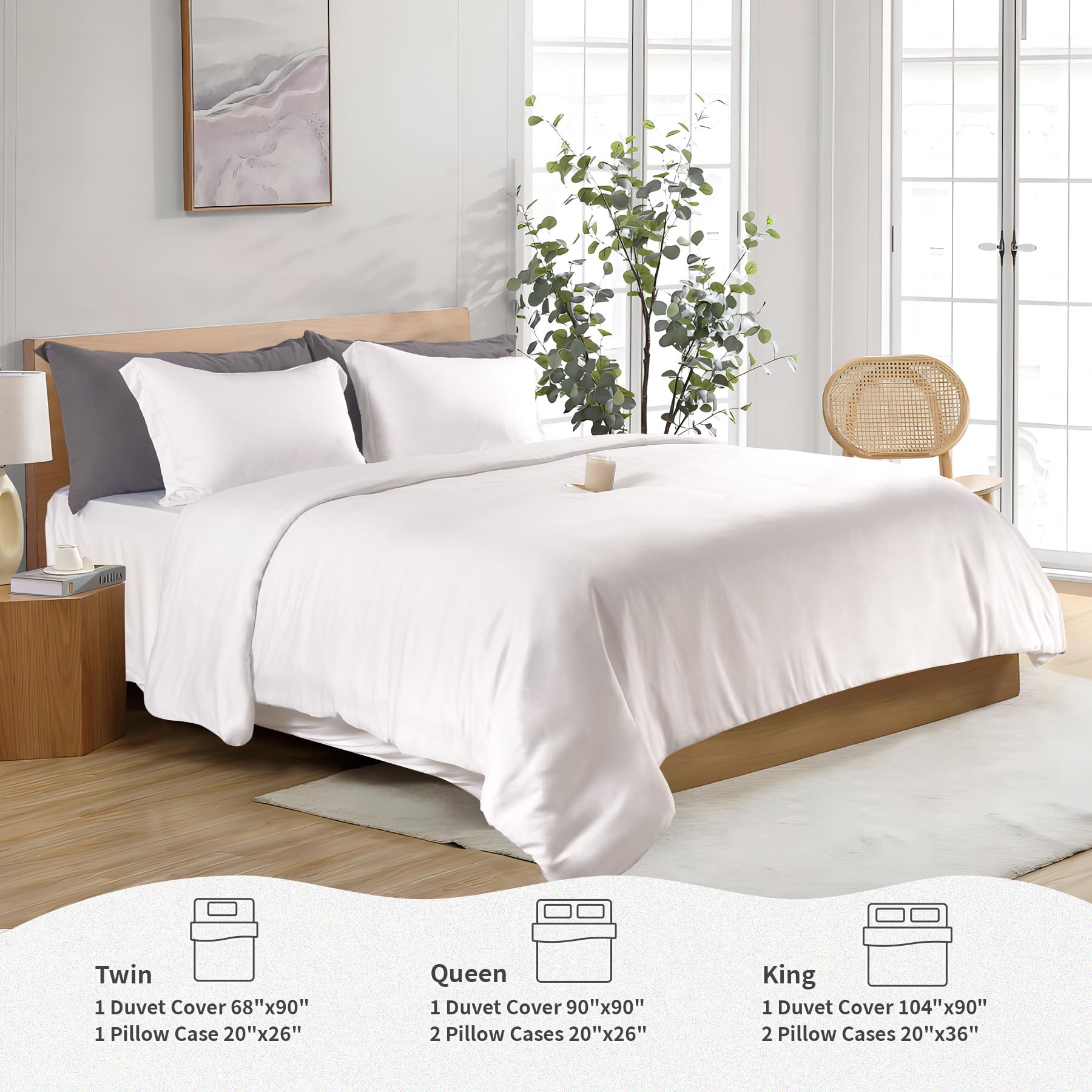 NEXHOME PRO 100% Organic Bamboo Duvet Cover Set King - Lightweight Summer Cooling Comforter Cover for Hot Sleepers 104"x90" 3pcs Breathable White Bedding with Corner Ties,Zipper Closure, No Insert