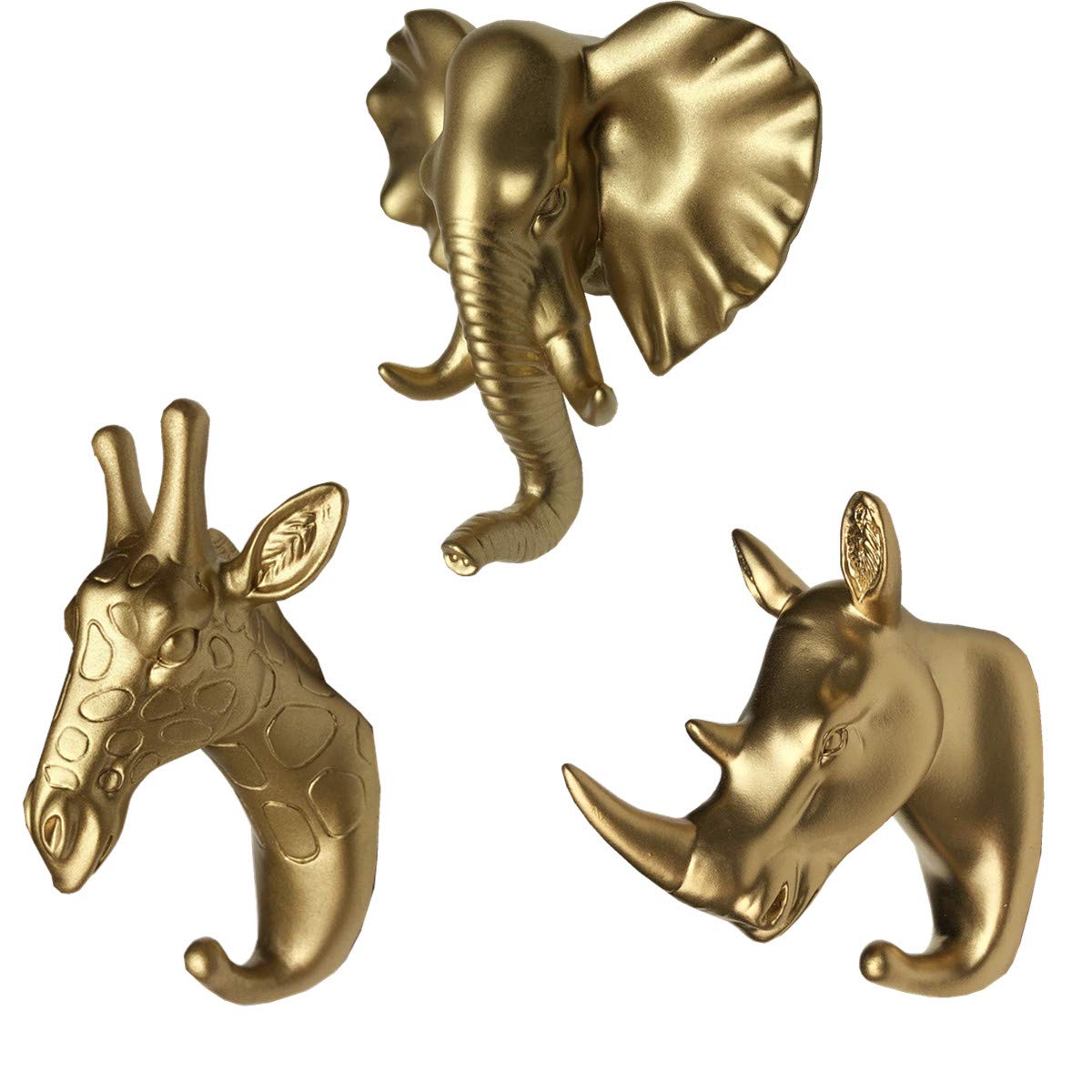 Set of 3 Elephant Head Giraffe Head and Rhino Head Wall Hooks / Hangers Animal Shaped Coat Hat Hooks (Gold)