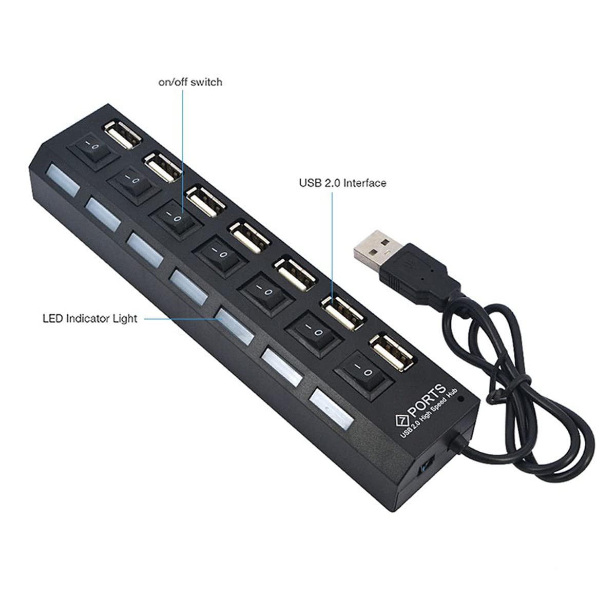 TXY 7 Port High Speed HUB USB 2.0 HUB Hub Power On/Off Switch LED for Pc Laptop USB Hub Splitter USB Adapter Charger (Black)
