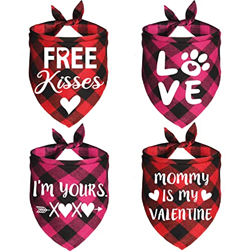 JOTFA 4 Pack Valentine’s Day Dog Bandanas, Plaid Dog Puppy Valentines Bandana Scarf for Small Medium Large Dogs Pets (Red & Pink)