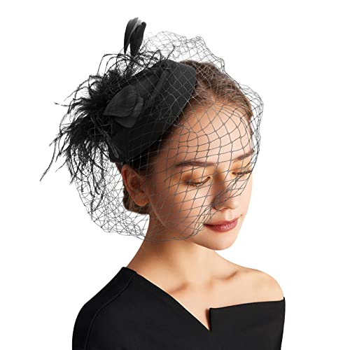 DRESHOW Fascinator Hat Cocktail Tea Party Bow Hat Netted Pillbox Hat with Hair Clip and Headband for Women and Girls