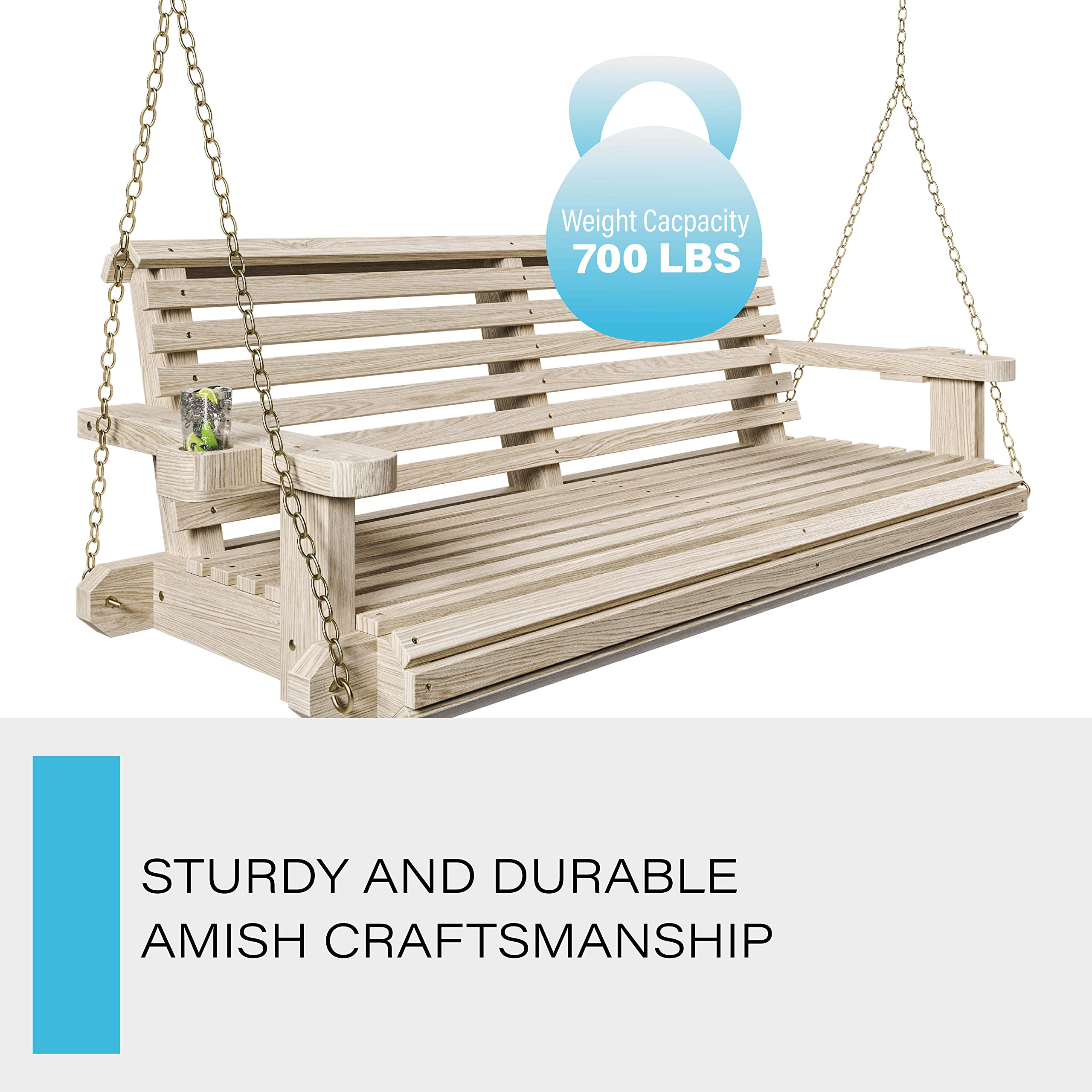 Porchgate Amish Heavy Duty 800 Lb Roll Comfort Treated Porch Swing W/Chains (5 Foot, Unfinished)